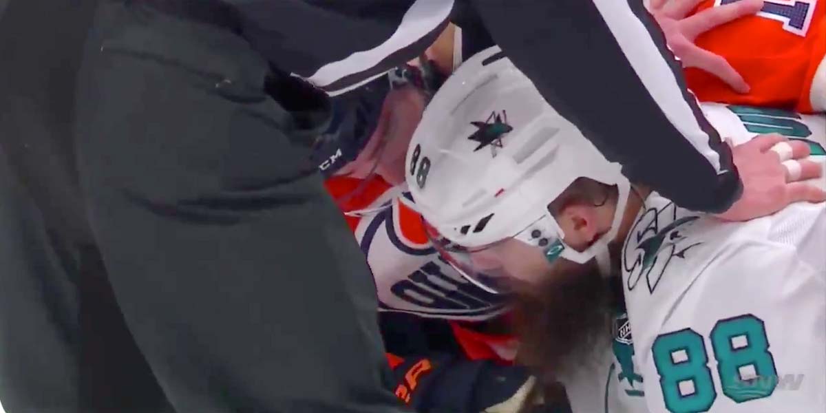 Patrick Maroon tugs on Brett Burns’ beard because there’s no way that ...