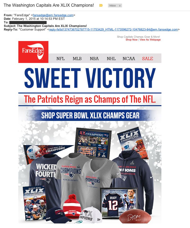 FansEdge Declares Washington Capitals Super Bowl XLIX Champions