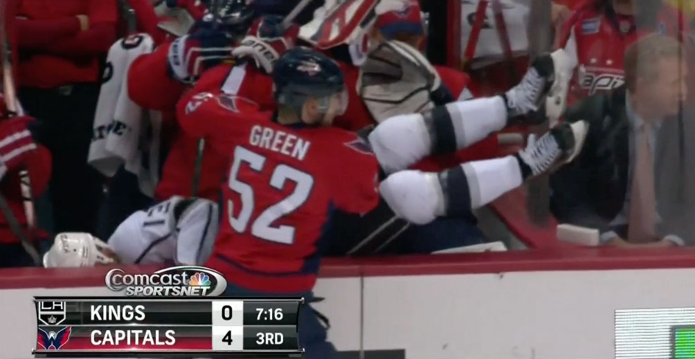 Mike Green Hercules-Checks Kyle Clifford Into Caps Bench (GIF)
