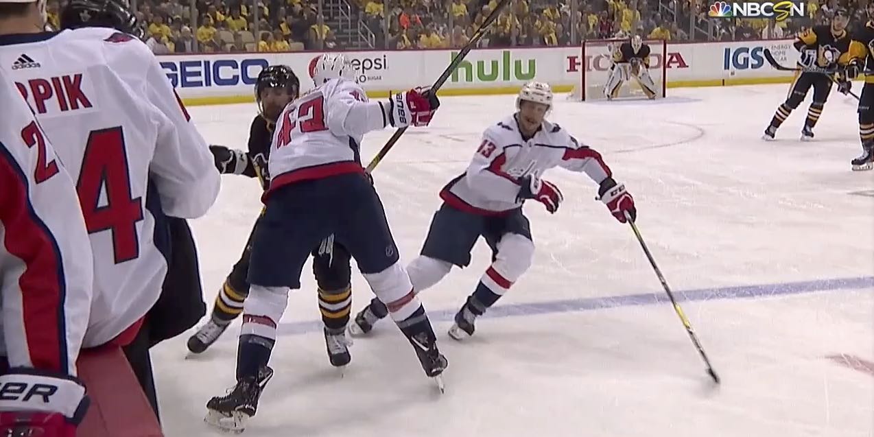 Tom Wilson bloodies Zach Aston-Reese with high hit to head
