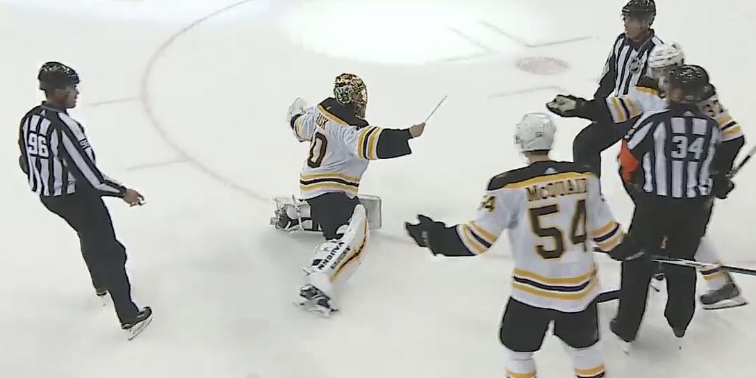 Angry Tuukka Rask throws skate blade after equipment malfunction