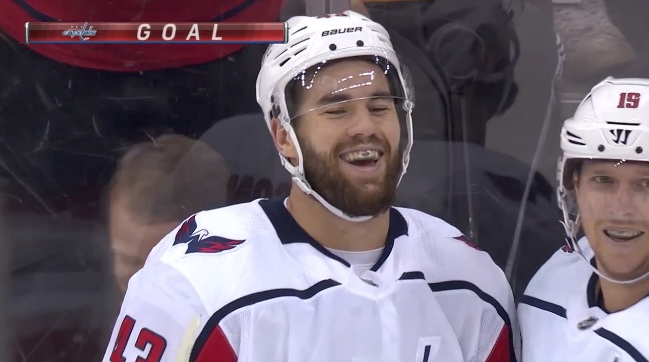 Tom Wilson couldn’t stop giggling after scoring on this muffin