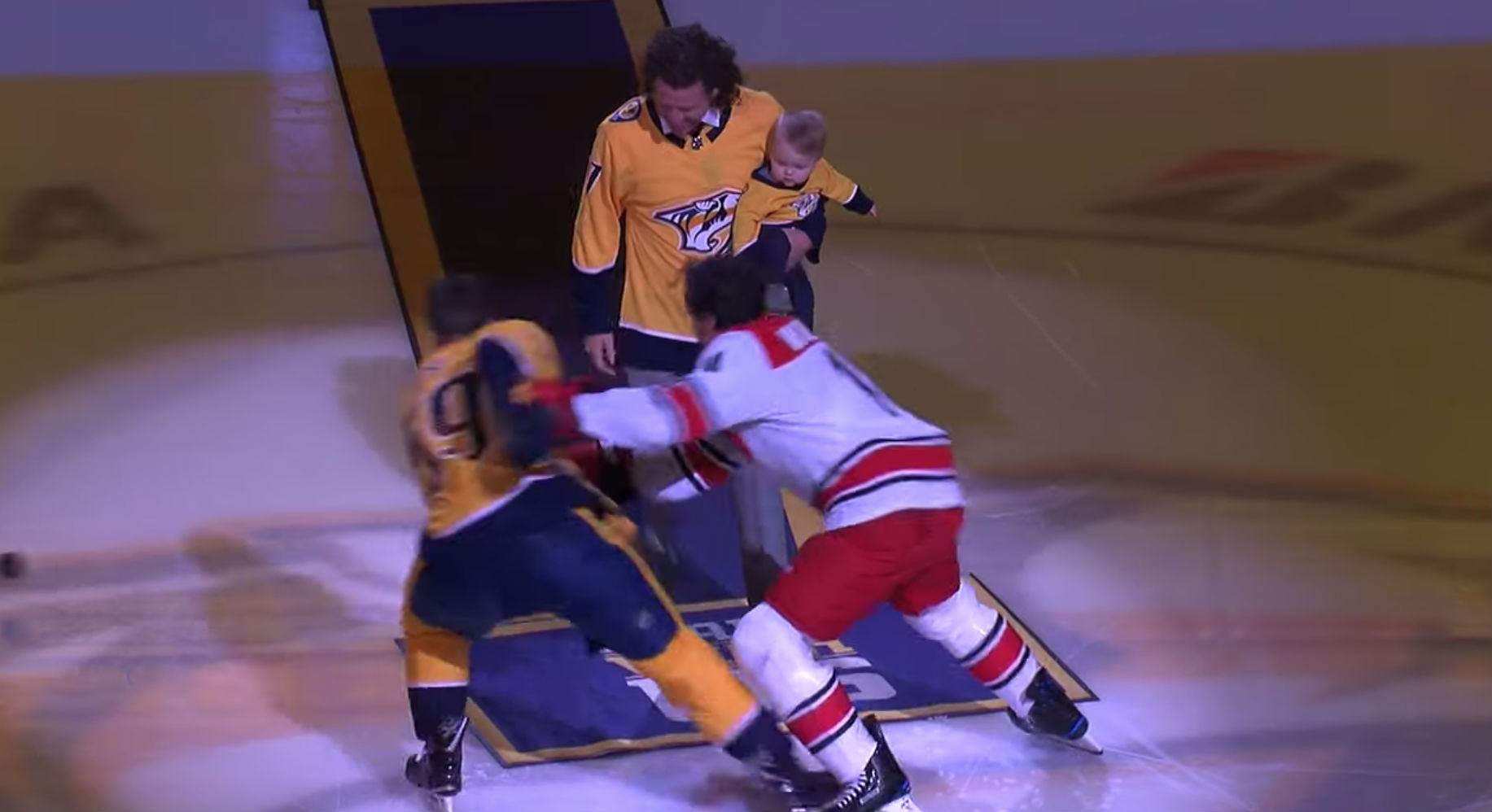 Justin Williams tries way too hard at Scott Hartnell’s ceremonial puck drop
