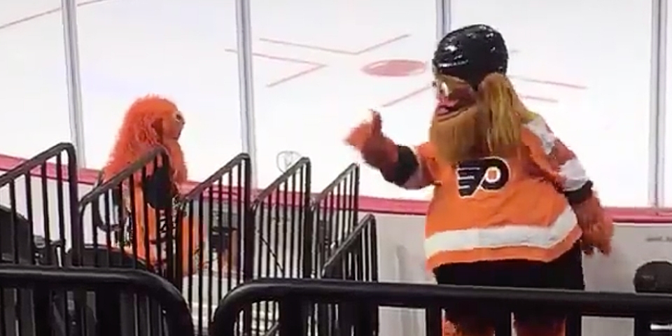 Mascot Gritty and little kid Gritty have an adorable dance-off