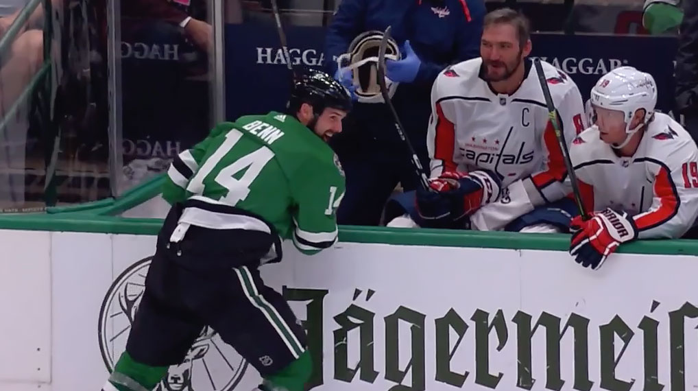 Tyler Lewington nearly checks Jamie Benn into Capitals bench