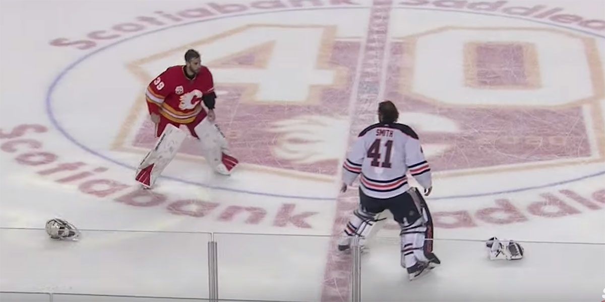 GOALIE FIGHT: Mike Smith fights Cam Talbot during Oilers and Flames ...