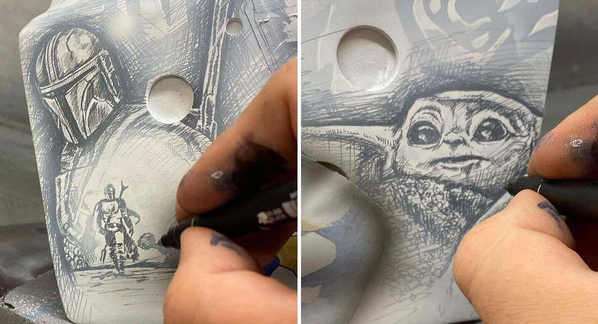 The Mandalorian and Grogu are featured on Chris Driedger’s new mask