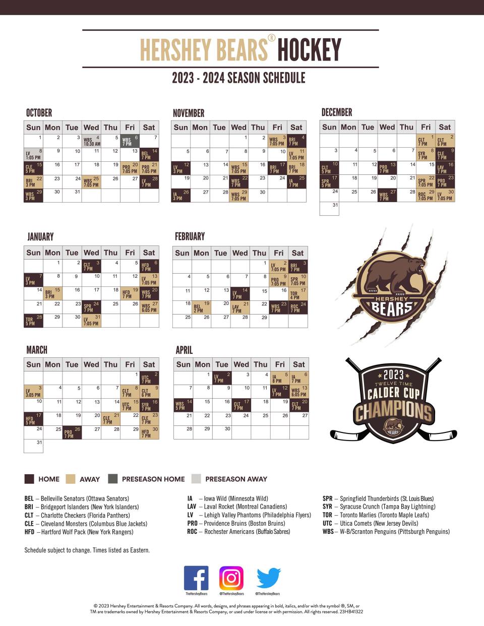 Hershey Bears release schedule for AHL’s 2023-24 season