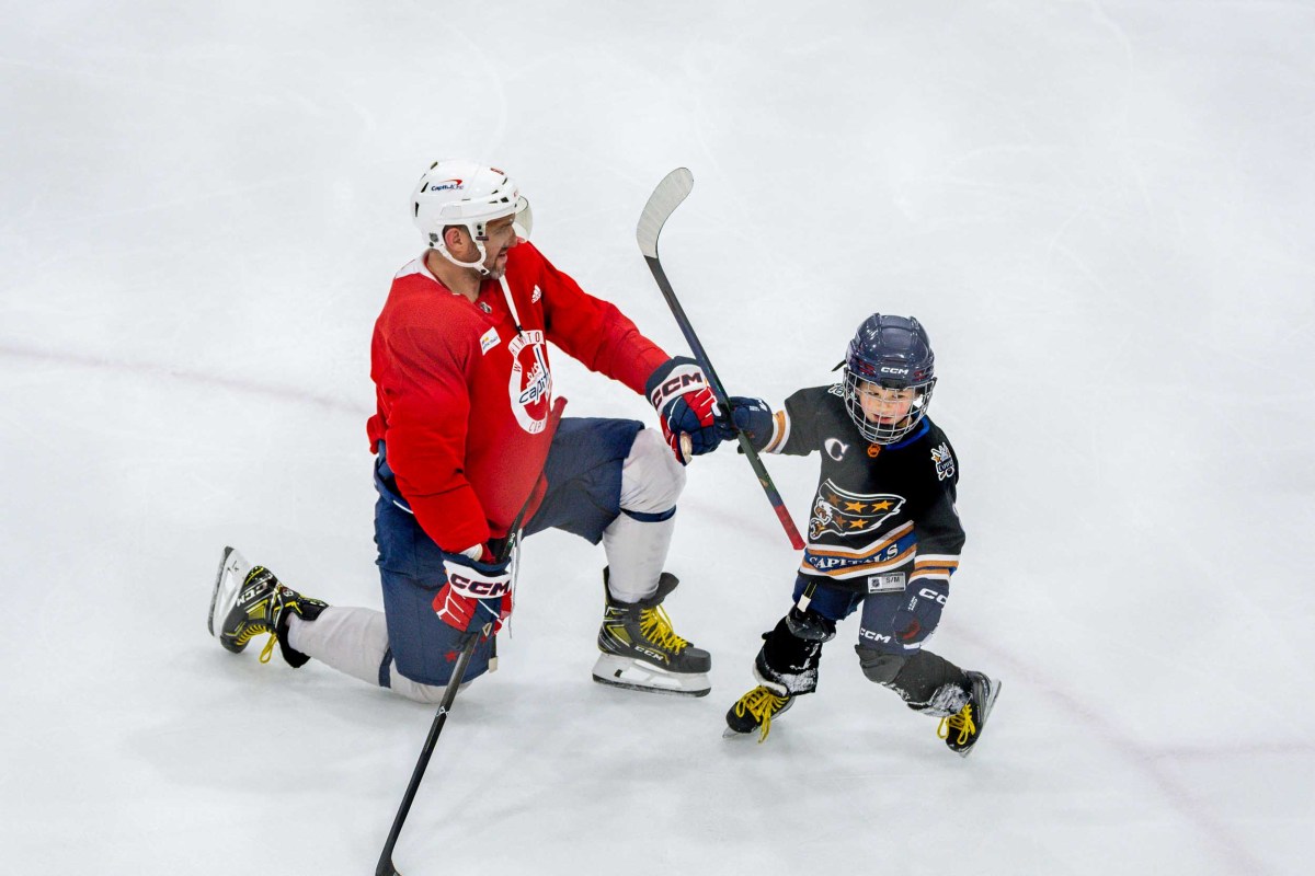 Ovi Jr. joins Capitals practice, scores on Darcy Kuemper while falling over